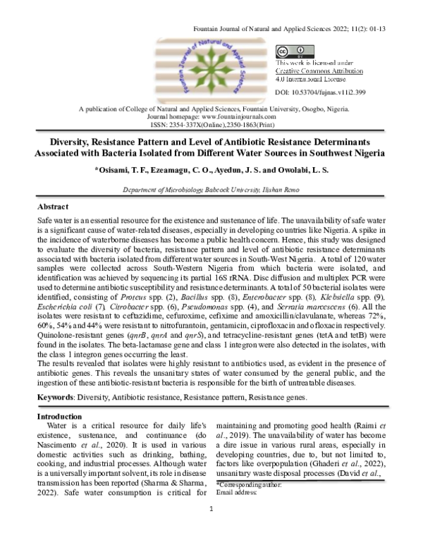 (PDF) Diversity, Resistance Pattern and Level of Antibiotic Resistance ...