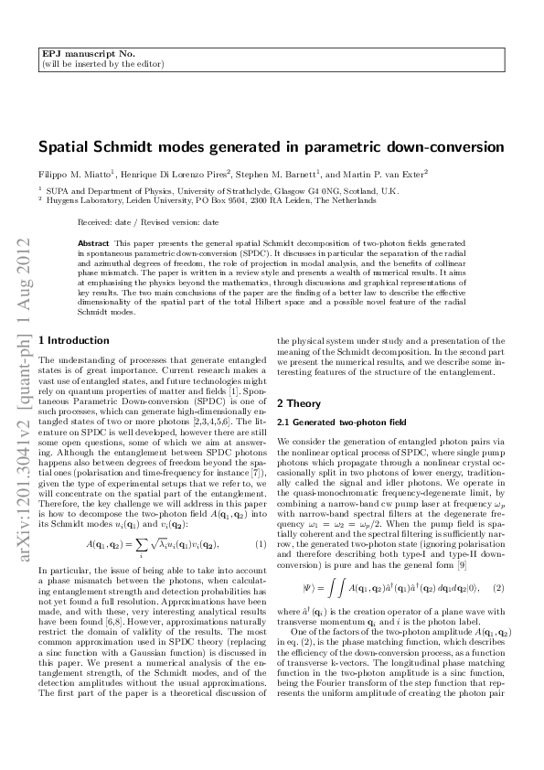 (PDF) Spatial Schmidt modes generated in parametric down-conversion