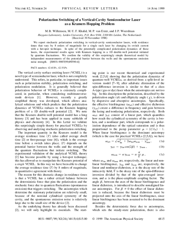 Pdf Polarization Switching Of A Vertical Cavity Semiconductor Laser As A Kramers Hopping Problem