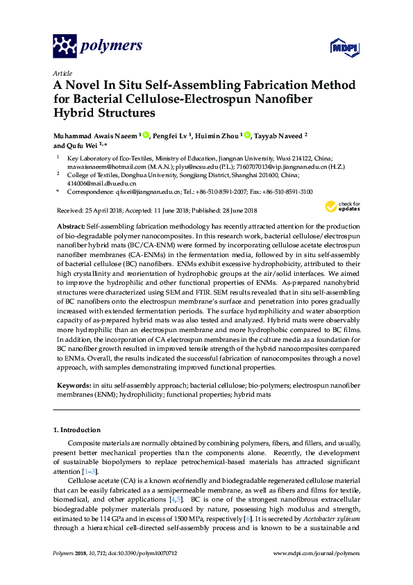 (PDF) A Novel In Situ Self-Assembling Fabrication Method for Bacterial Cellulose-Electrospun ...