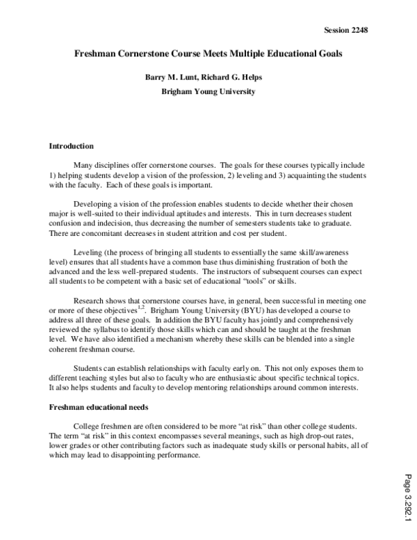 (PDF) Freshman Cornerstone Course Meets Multiple Educational Goals