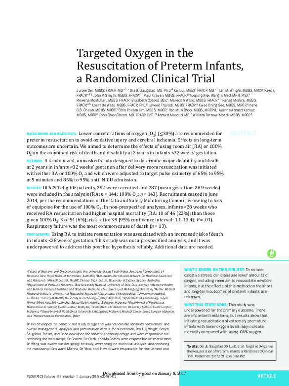 (PDF) Targeted Oxygen in the Resuscitation of Preterm Infants, a ...