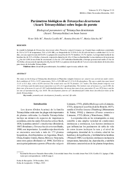 (PDF) Parámetros biológicos de Tetranychus desertorum (Acari ...