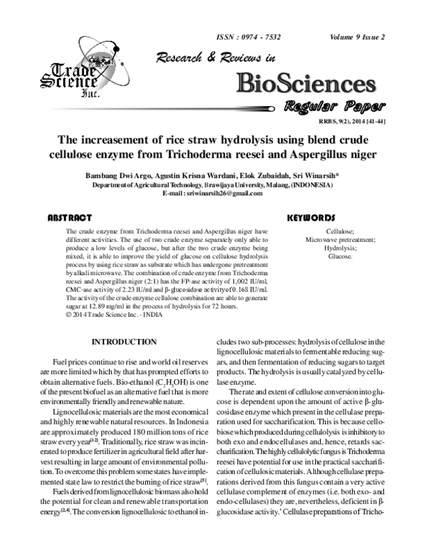 (PDF) The increasement of rice straw hydrolysis using blend crude cellulose enzyme from ...