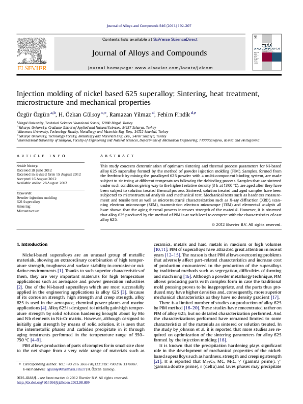 (PDF) Injection molding of nickel based 625 superalloy: Sintering, heat treatment ...