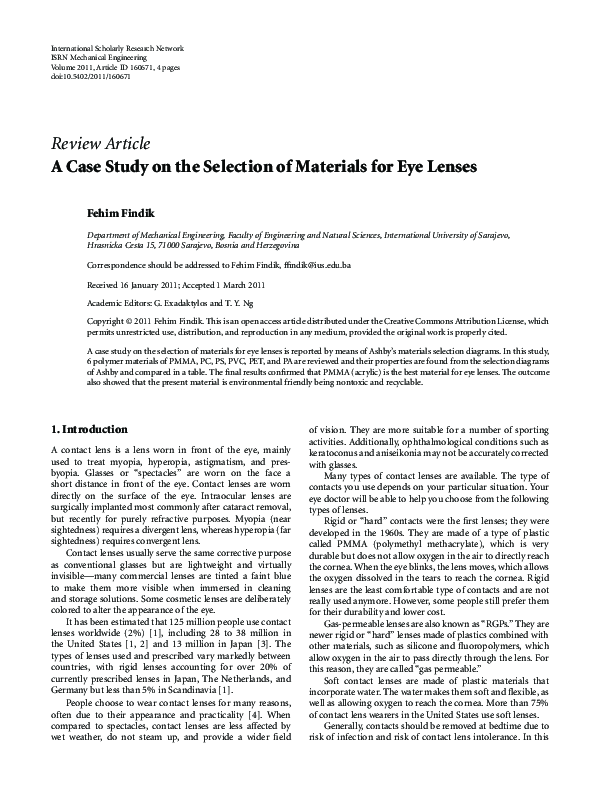 (PDF) A Case Study on the Selection of Materials for Eye Lenses