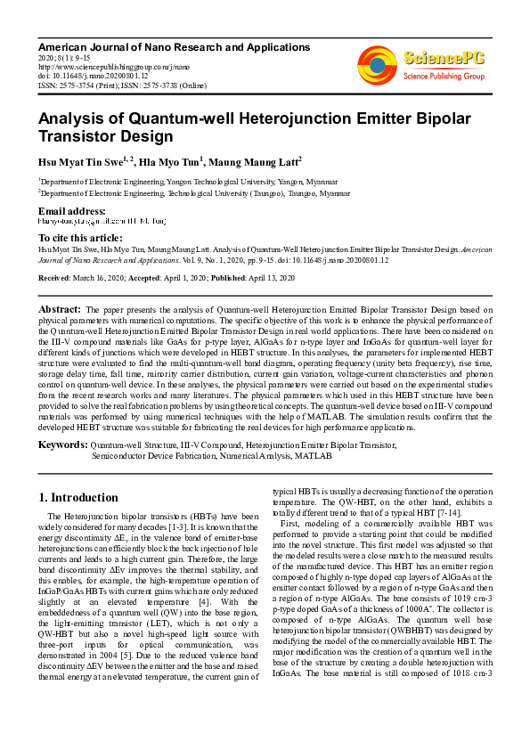 (PDF) Analysis of Quantum-well Heterojunction Emitter Bipolar Transistor Design