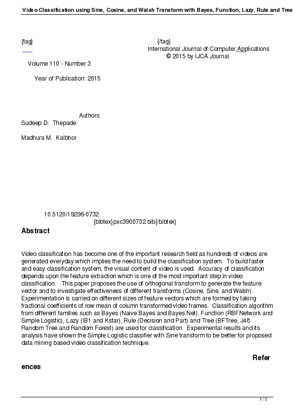 (PDF) Video Classification using Sine, Cosine, and Walsh Transform with Bayes, Function, Lazy ...