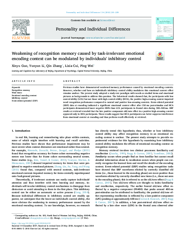(PDF) Weakening of recognition memory caused by task-irrelevant emotional encoding context can ...