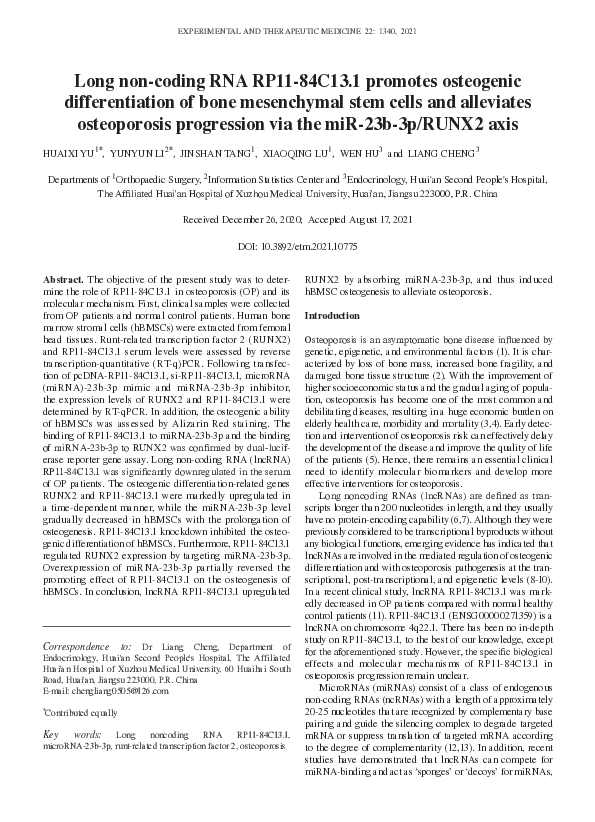 (PDF) Long non‑coding RNA RP11‑84C13.1 promotes osteogenic ...
