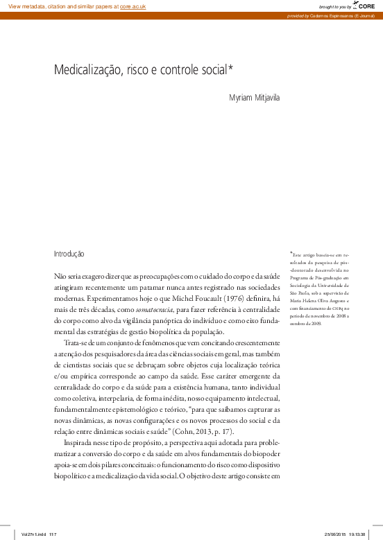 (PDF) Medicalization, risk and social control | Myriam Mitjavila ...