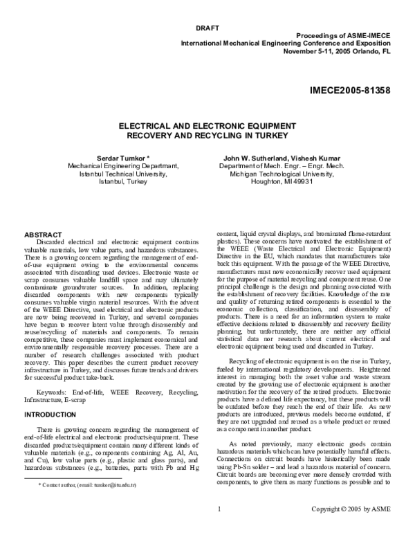 (PDF) Electrical and Electronic Equipment Recovery and Recycling in Turkey