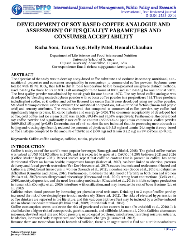 (PDF) Development of Soy Based Coffee Analogue and Assessment of Its ... (PDF) Development of Soy Based Coffee Analogue and Assessment of Its ...