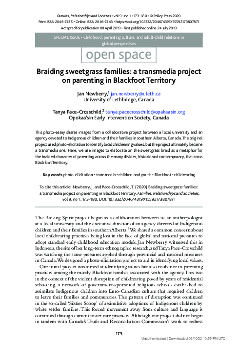 (PDF) Braiding sweetgrass families: a transmedia project on parenting in Blackfoot Territory