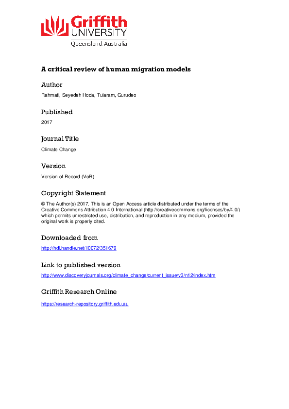 (PDF) A critical review of human migration models