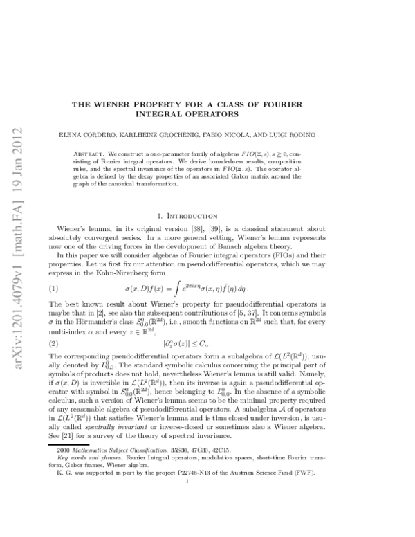 (PDF) The Wiener Property for a Class of Fourier Integral Operators