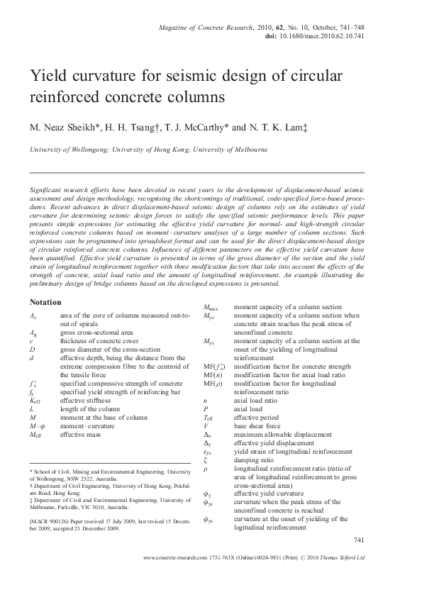 (PDF) Yield curvature for seismic design of circular reinforced concrete columns