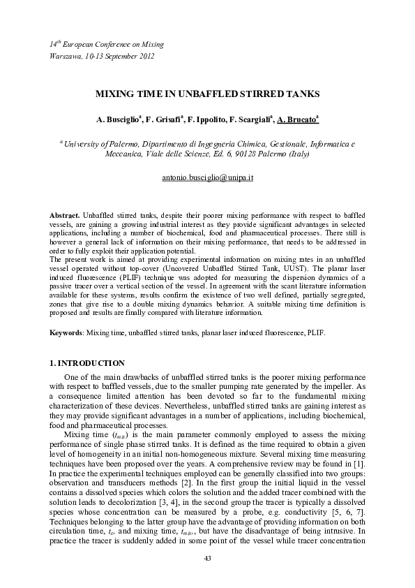 (PDF) Mixing dynamics in uncovered unbaffled stirred tanks