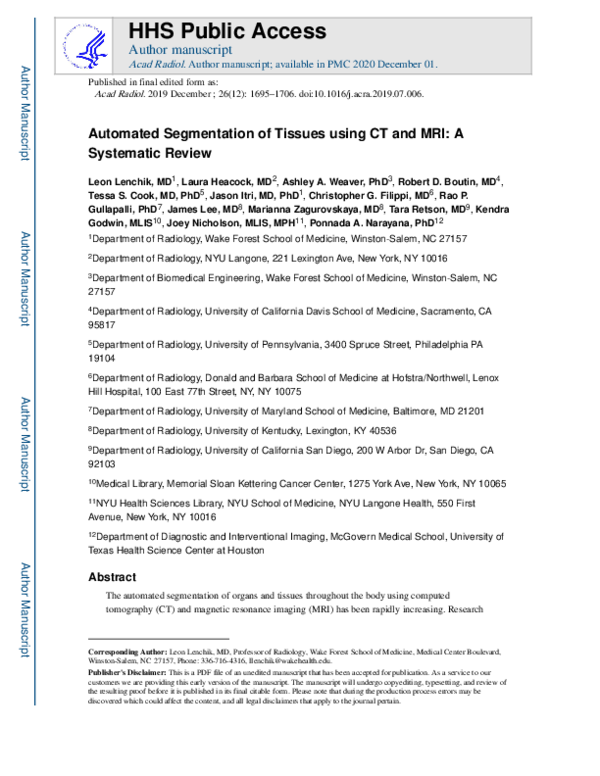 Pdf Automated Segmentation Of Tissues Using Ct And Mri A Systematic Review