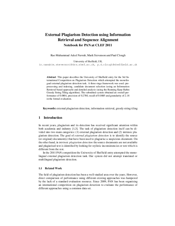 Pdf External Plagiarism Detection Using Information Retrieval And Sequence Alignment