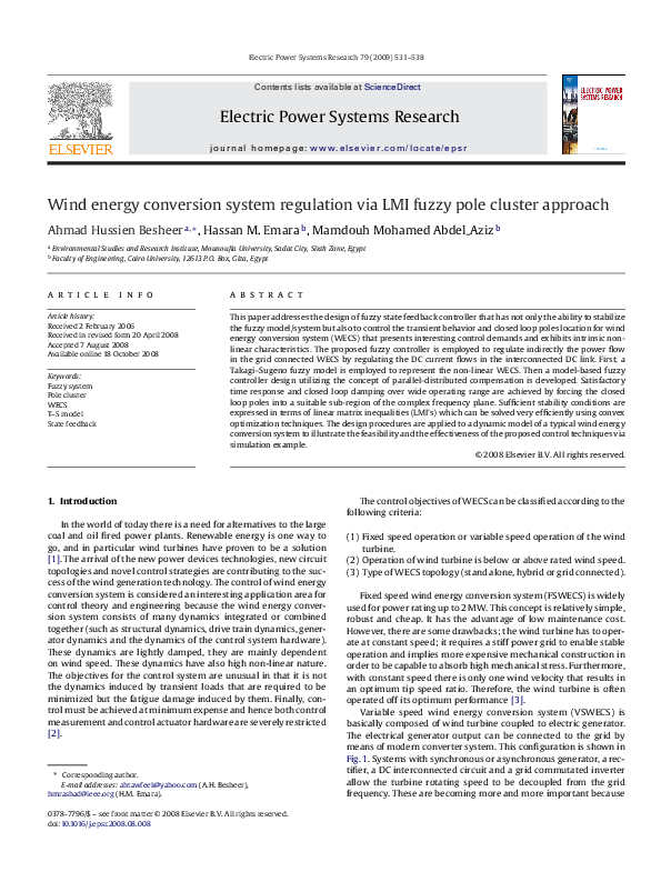 (PDF) Wind energy conversion system regulation via LMI fuzzy pole cluster approach | Hassan ...