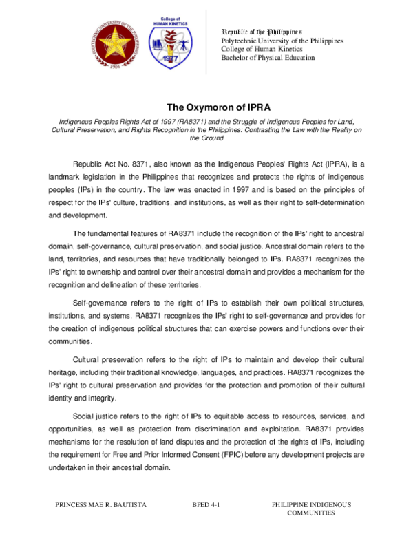 (PDF) Indigenous Peoples Rights Act of 1997 (RA8371) and the Struggle ...