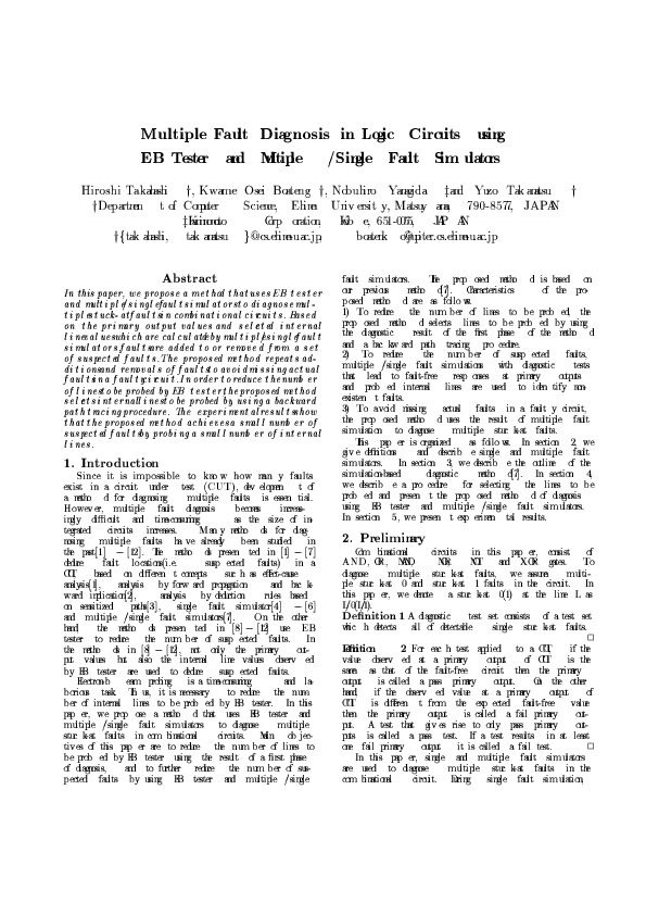 Pdf Multiple Fault Diagnosis In Logic Circuits Using Eb Tester And Multiplesingle Fault 