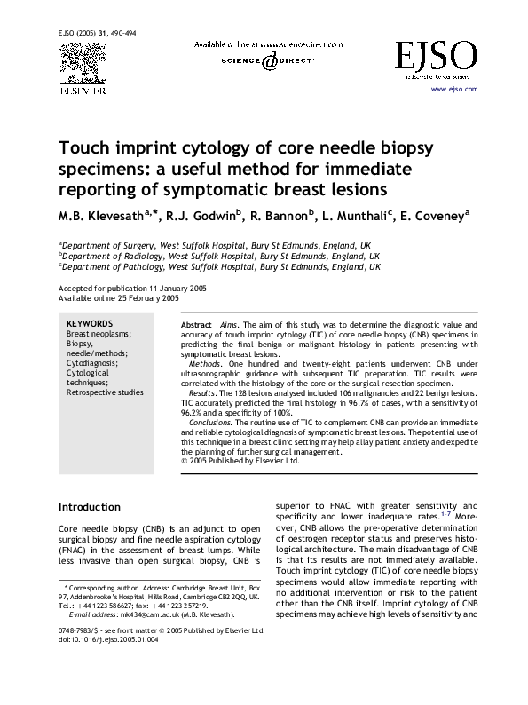 (PDF) Touch imprint cytology of core needle biopsy specimens: a useful ...