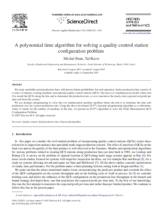Pdf A Polynomial Time Algorithm For Solving A Quality Control Station