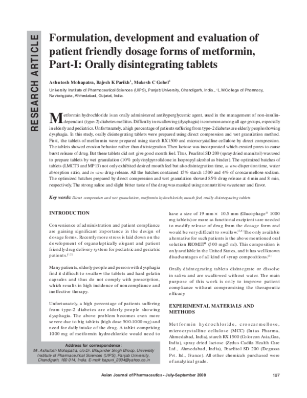 Pdf Formulation Development And Evaluation Of Patient Friendly Dosage Forms Of Metformin
