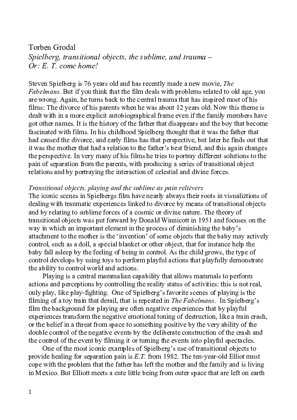 (DOC) Spielberg, transitional objects, the sublime, and trauma -Or: E ...