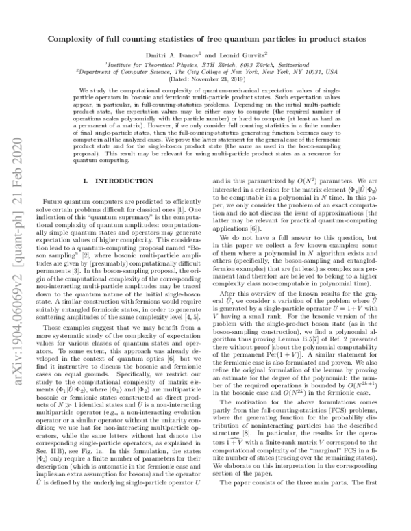 (PDF) Complexity of full counting statistics of free quantum particles ...