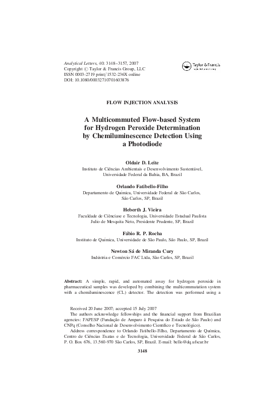 Pdf A Multicommuted Flow‐based System For Hydrogen Peroxide Determination By Chemiluminescence