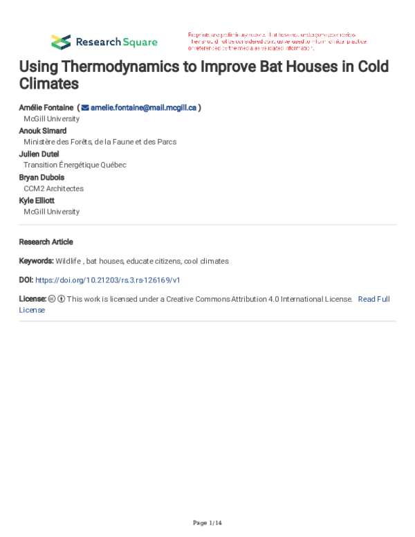 (PDF) Using Thermodynamics to Improve Bat Houses in Cold Climates