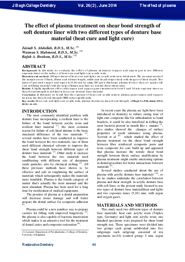 (PDF) The Effect of Plasma Treatment on Shear Bond Strength of Soft ...