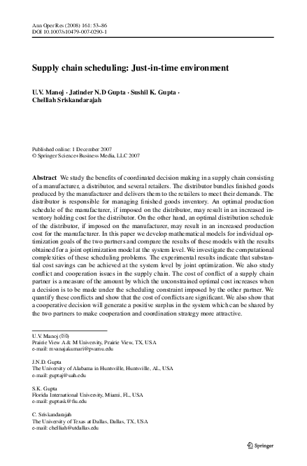 (PDF) Supply chain scheduling: Just-in-time environment