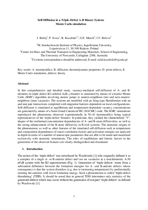 Pdf Self Diffusion In A Triple Defect A B Binary System Monte Carlo Simulation
