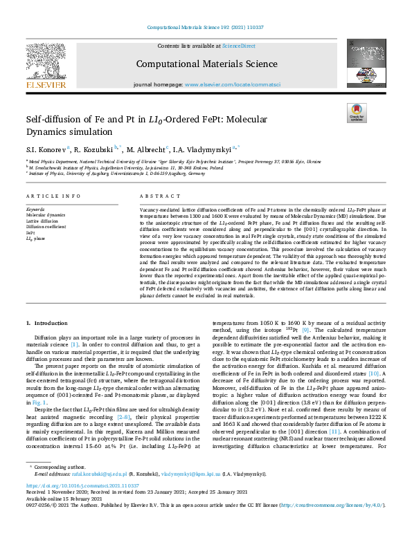 Pdf Self Diffusion Of Fe And Pt In L1 Ordered Fept Molecular Dynamics Simulation