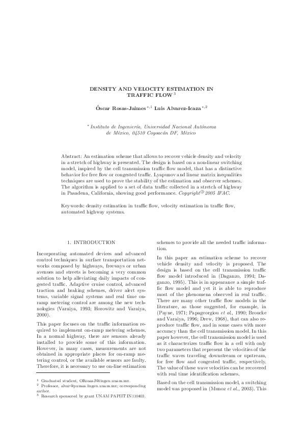 (PDF) Density and Velocity Estimation in Traffic Flow