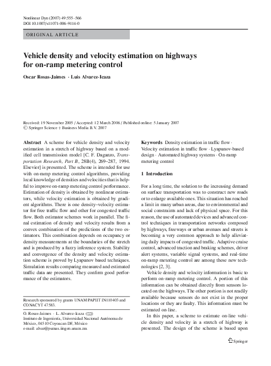 (PDF) Vehicle density and velocity estimation on highways for on-ramp metering control