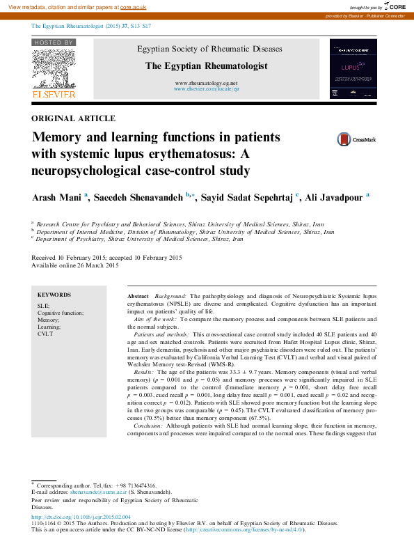 (PDF) Memory and learning functions in patients with systemic lupus ...