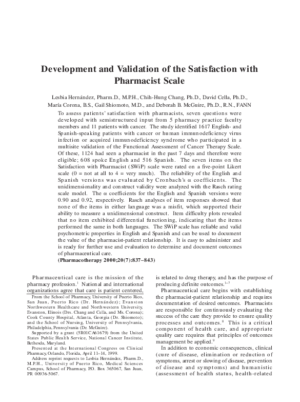 (PDF) Development and Validation of the Satisfaction with Pharmacist Scale