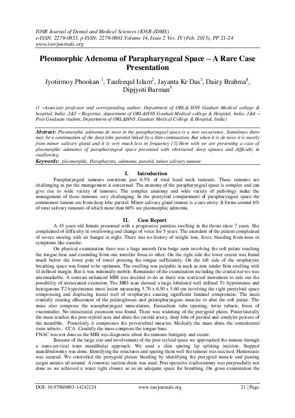 (PDF) Pleomorphic Adenoma of Parapharyngeal Space A Rare Case ...