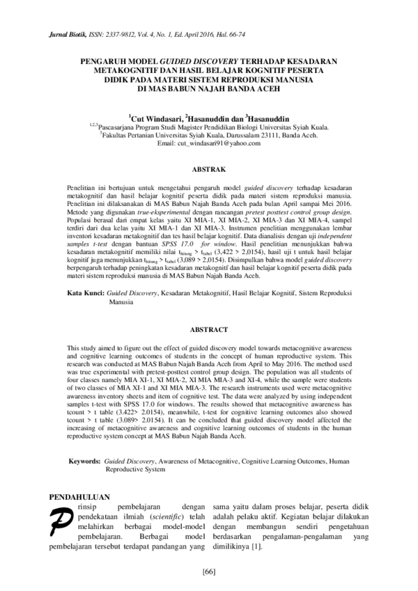 (PDF) Pengaruh Model Guided Discovery Terhadap Kesadaran Metakognitif Dan Hasil Belajar Kognitif ...