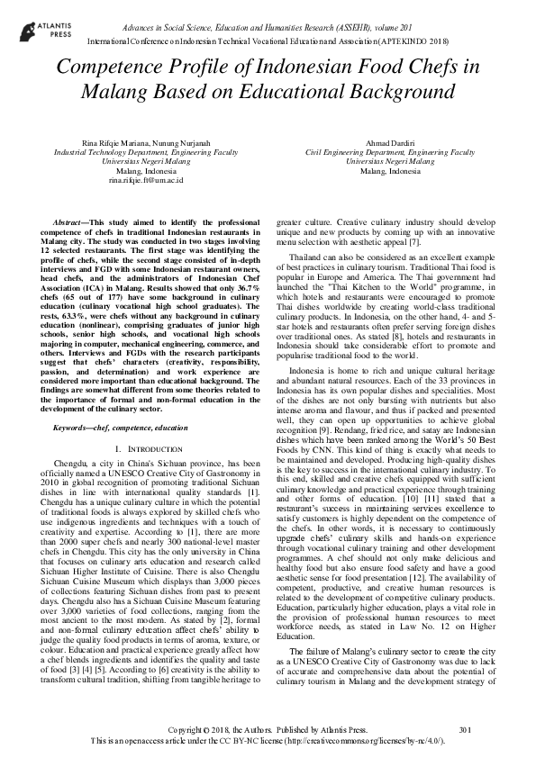 (PDF) Competence Profile of Indonesian Food Chefs in Malang Based on Educational Background ...