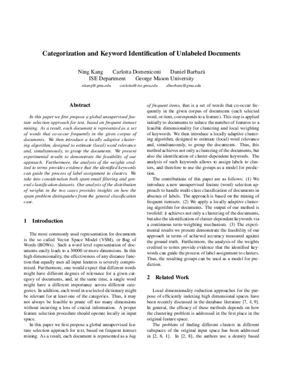 (PDF) Categorization and Keyword Identification of Unlabeled Documents