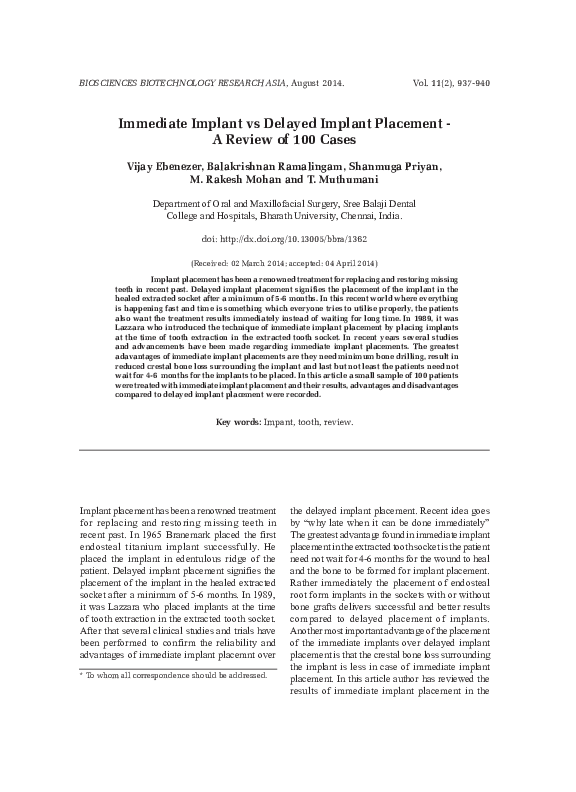 (PDF) Immediate Implant vs Delayed Implant Placement - A Review of 100 Cases