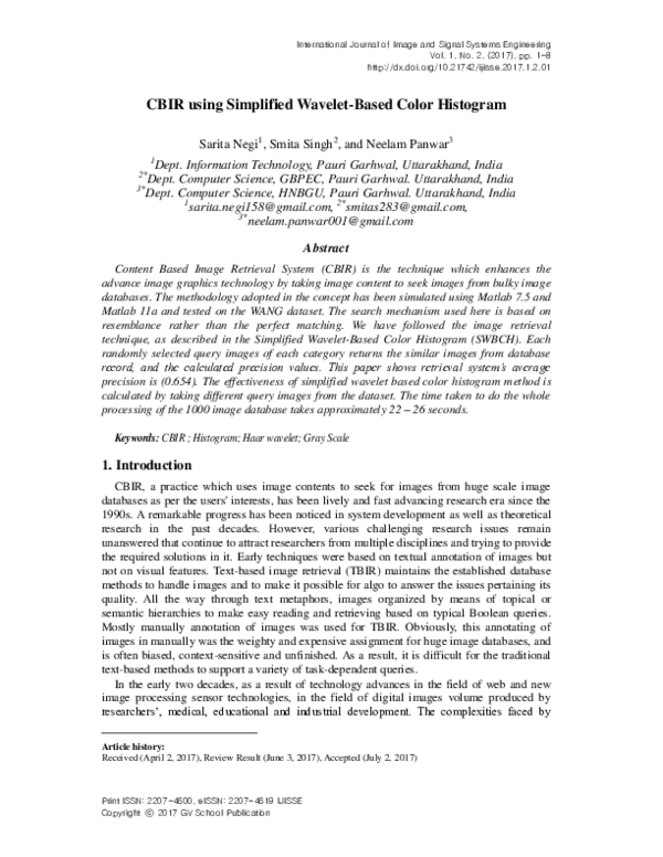 Pdf Cbir Using Simplified Wavelet Based Color Histogram Sarita Negi