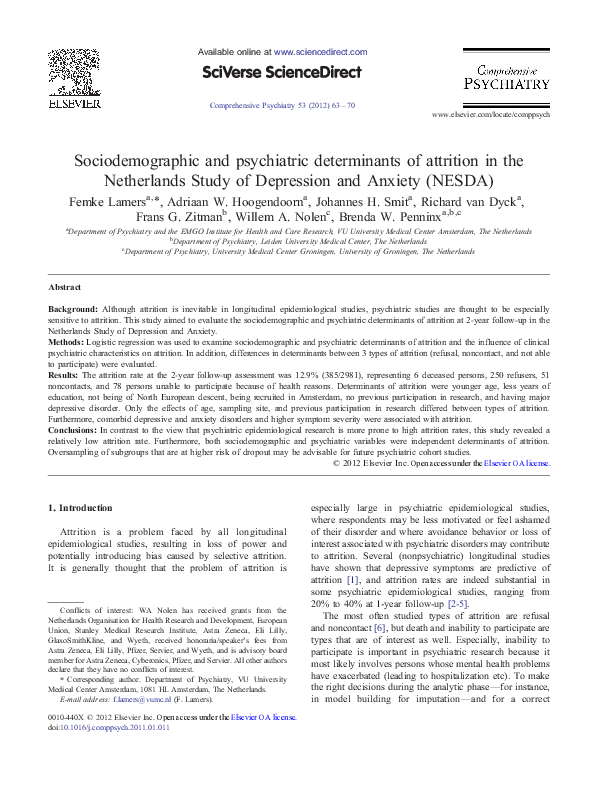 (PDF) Sociodemographic and psychiatric determinants of attrition in the Netherlands Study of ...