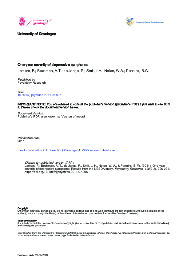 (PDF) One-year severity of depressive symptoms: Results from the NESDA study